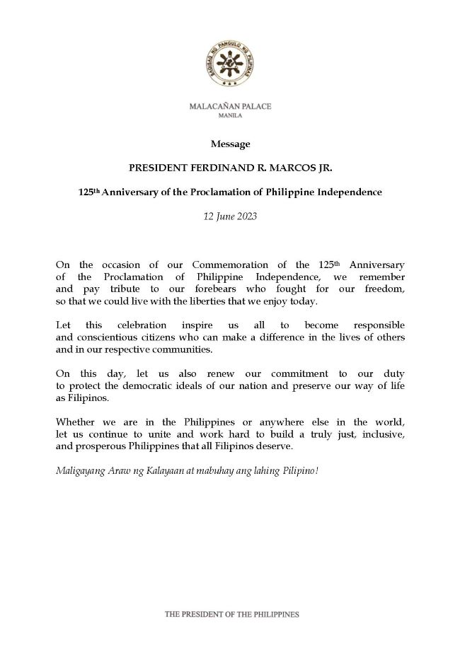 Message Of H E President Ferdinand Marcos Jr On The 125th